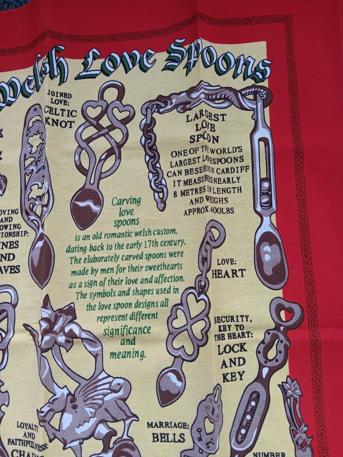 Welsh Love Spoons Tea Towel Messages of Handle Carvings Celtic Dragon ...