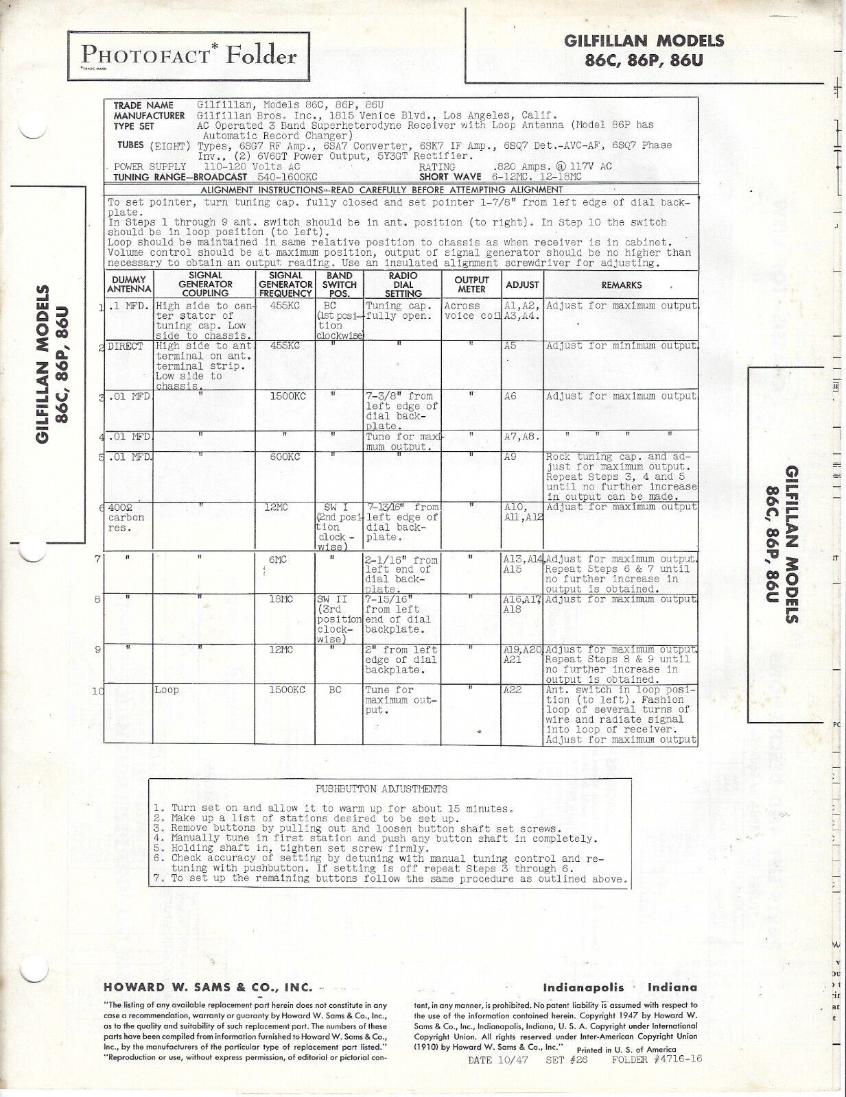 1947 Gilfillian Bros 86C 86P 86U Tube Radio Receiver Photofact Manual ...