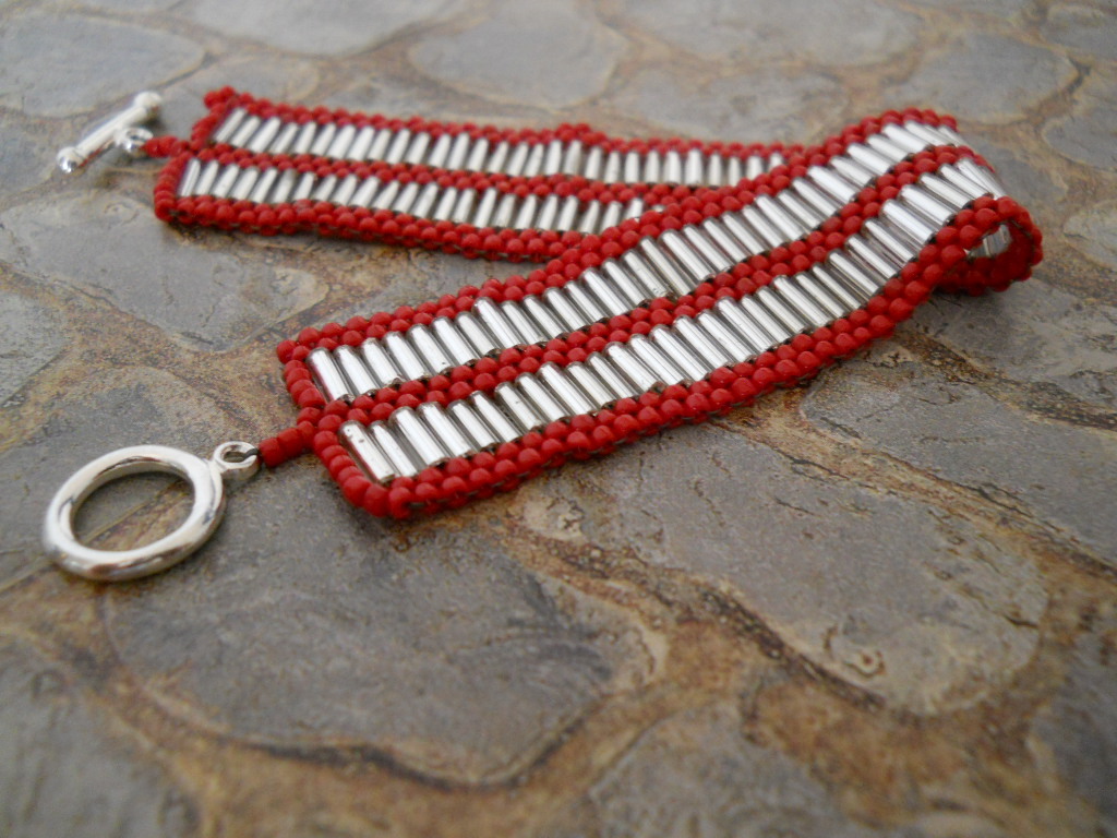 Silver & Red Hand-Woven Bead Bracelet -- Peyote Stitch, Bugle & Seed ...