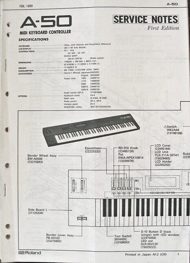 Roland A-50 Midi Controller Keyboard Original Roland Service Manual ...
