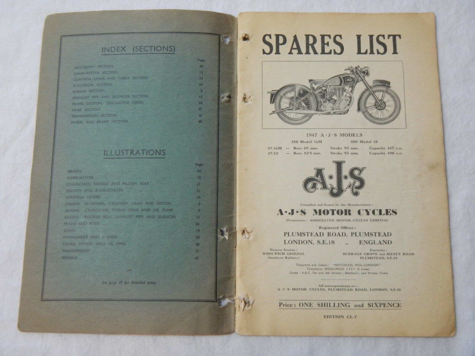 1947 AJS 350 500 16m 18 Parts List Book Diagrams Manual - Service & Repair Manuals