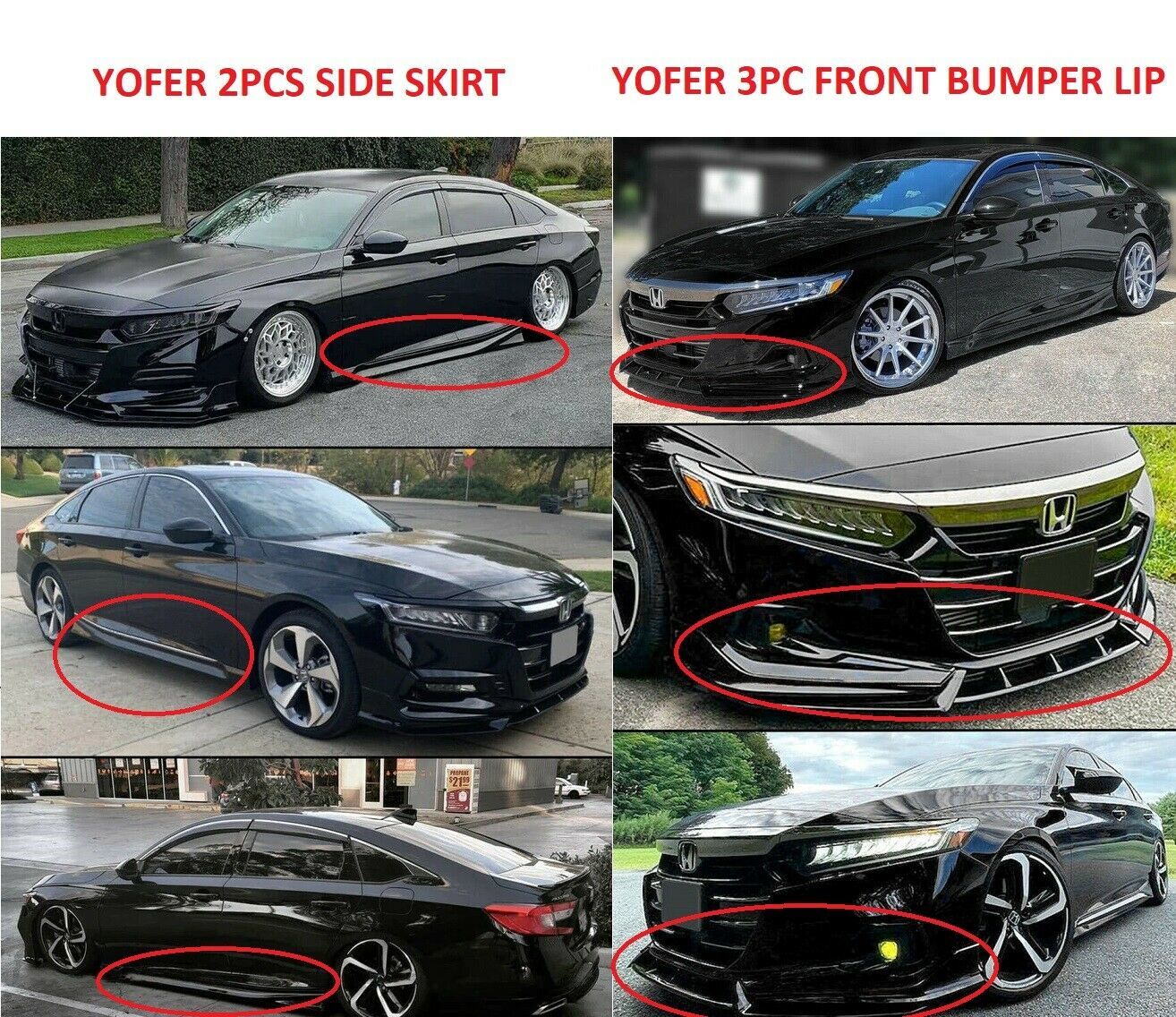 Front Bumper Lip Splitters + Side Skirt Yofer Black For Honda Accord ...