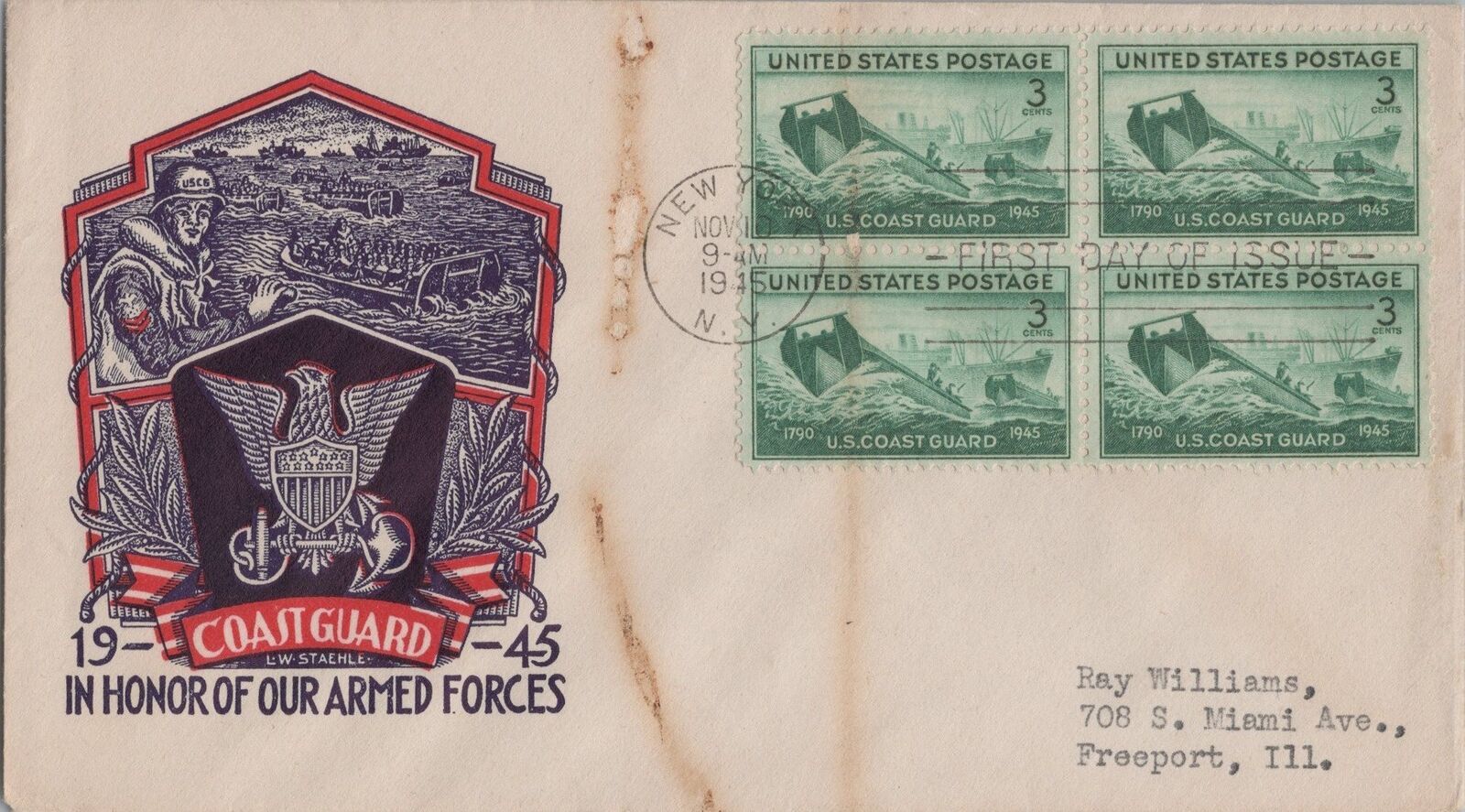 ZAYIX - US 936 FDC L.W. Staehle cachet - Coast Guard block - stained ...