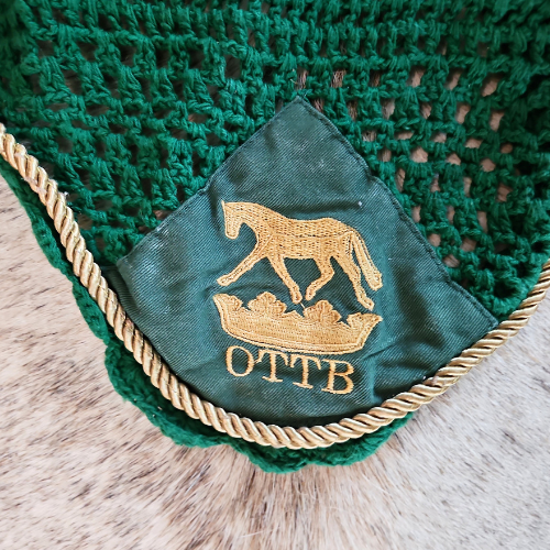 OTTB Green Ear Bonnet Net Fly Veil Fly Hood Horse Size USED - Fly Masks