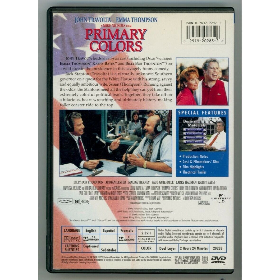 PRIMARY COLORS on DVD, John Travolta, Emma Thompson, ©1998, Universal ...