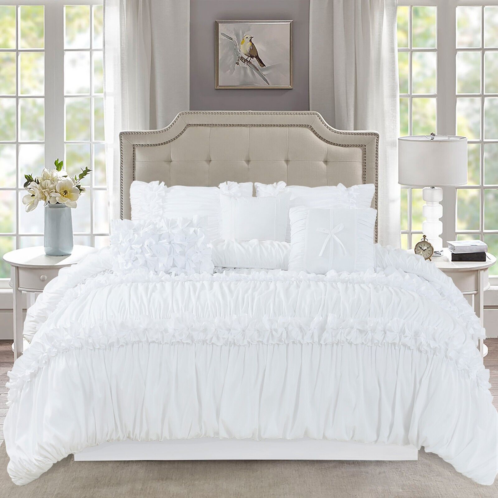 HIG 7 Piece Ruched Pleat Comforter Set White Romantic Bed in a Bag ...