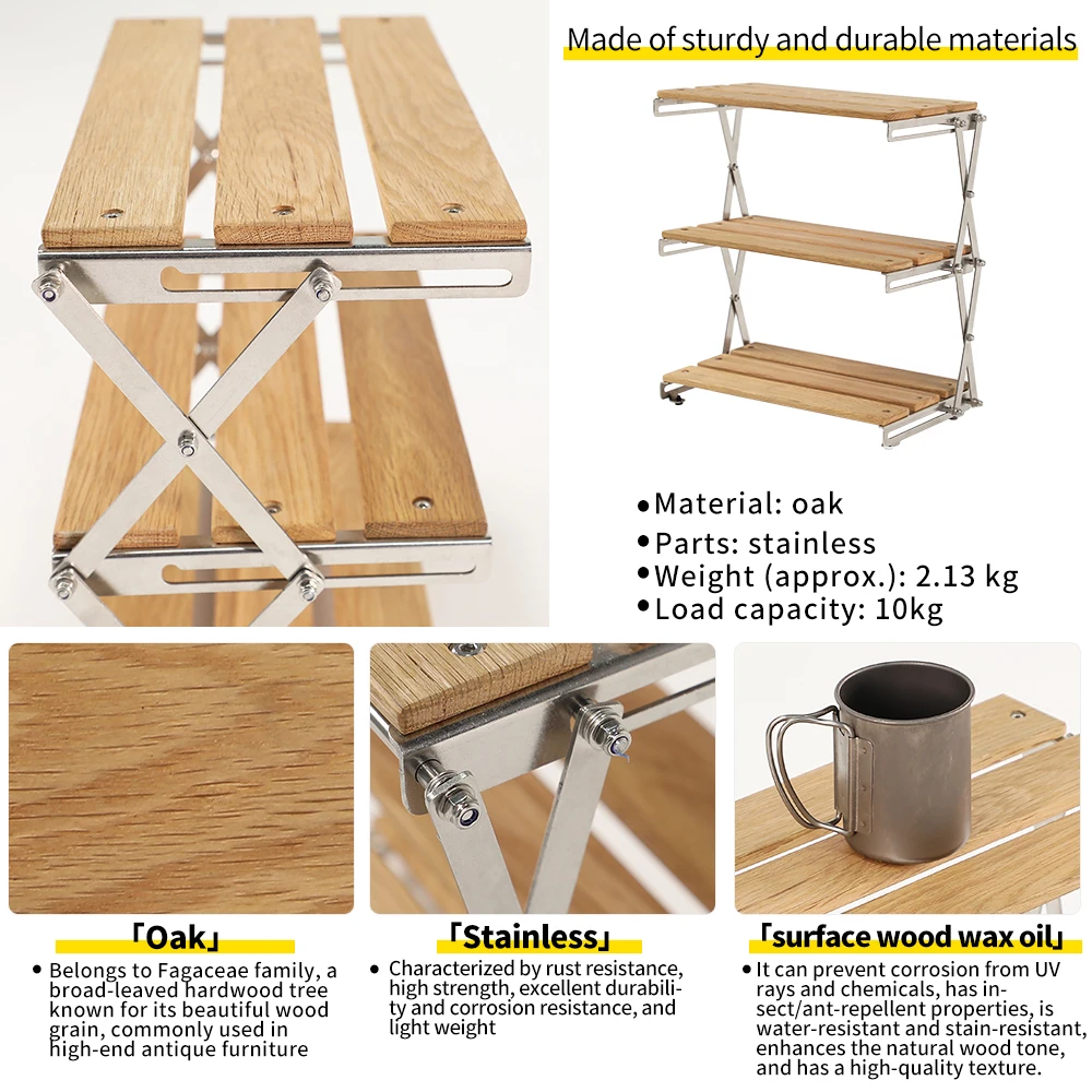 Camping tabletop foldable oak rack 3-shelf wooden collapsible folding ...