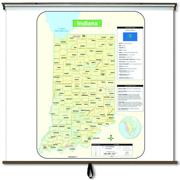 Indiana Large Scale Shaded Relief Wall Map on Roller with Backboard ...