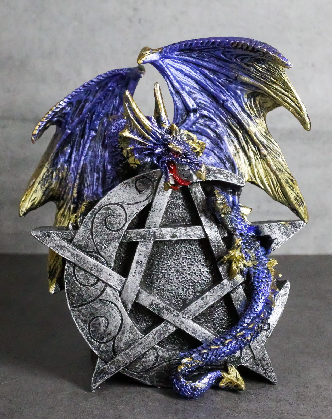 Sky Behemoth Blue And Gold Dragon Guarding Crescent Moon Pentagram Star ...