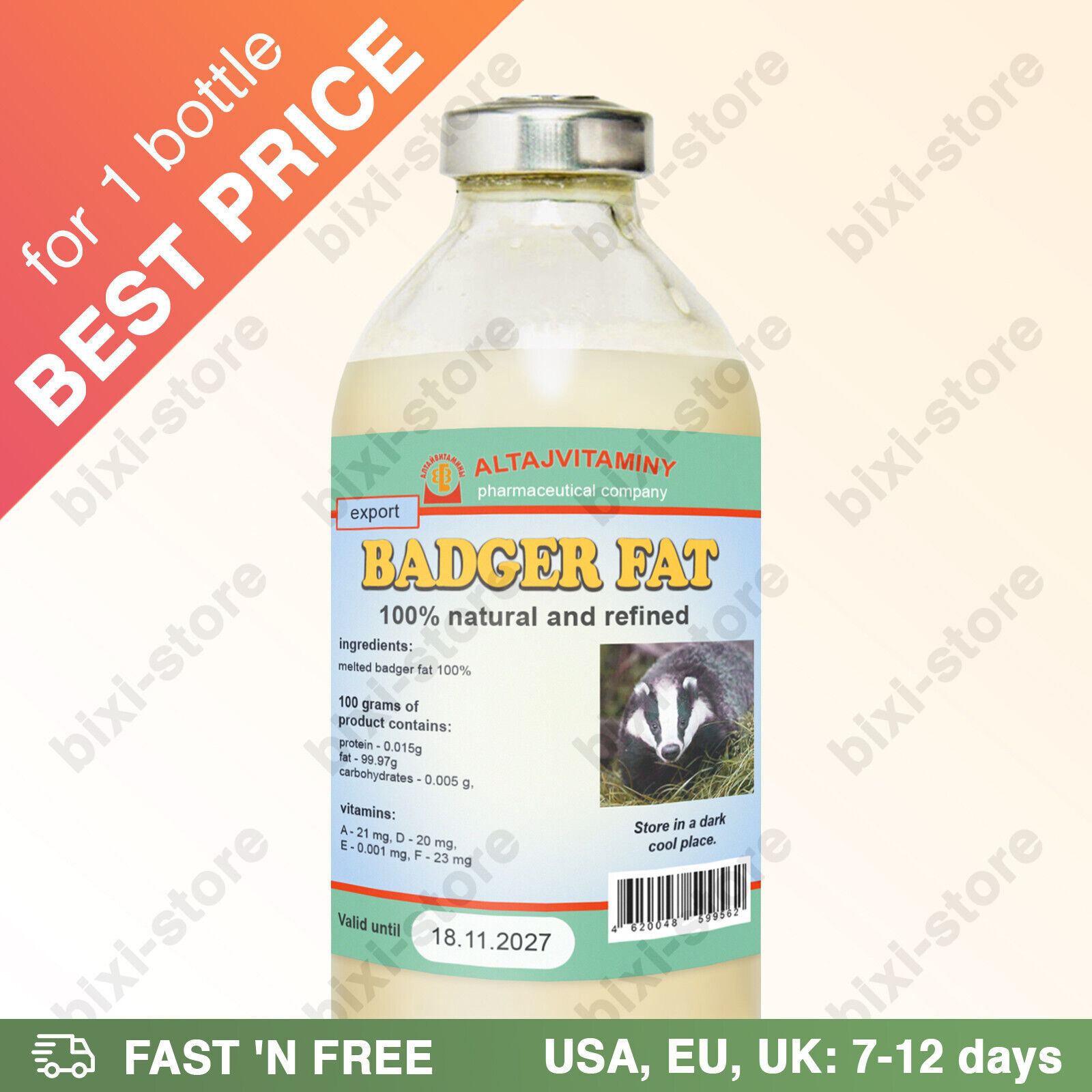 BADGER FAT 100% NATURAL 250 ml (8.5 fl oz) БАРСУЧИЙ ЖИР 250 мл ...