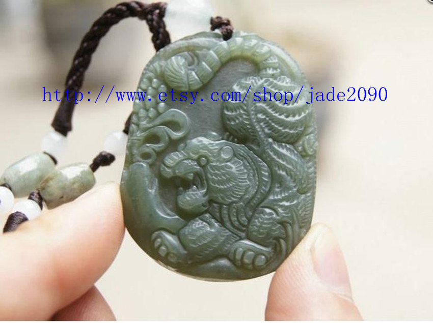 Free Shipping - Hand carved Natural Green jadeite jade carved Tiger ...