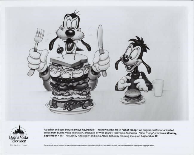 Goof Troop original 1992 8x10 photo Goofy and his son tuck in to dinner ...