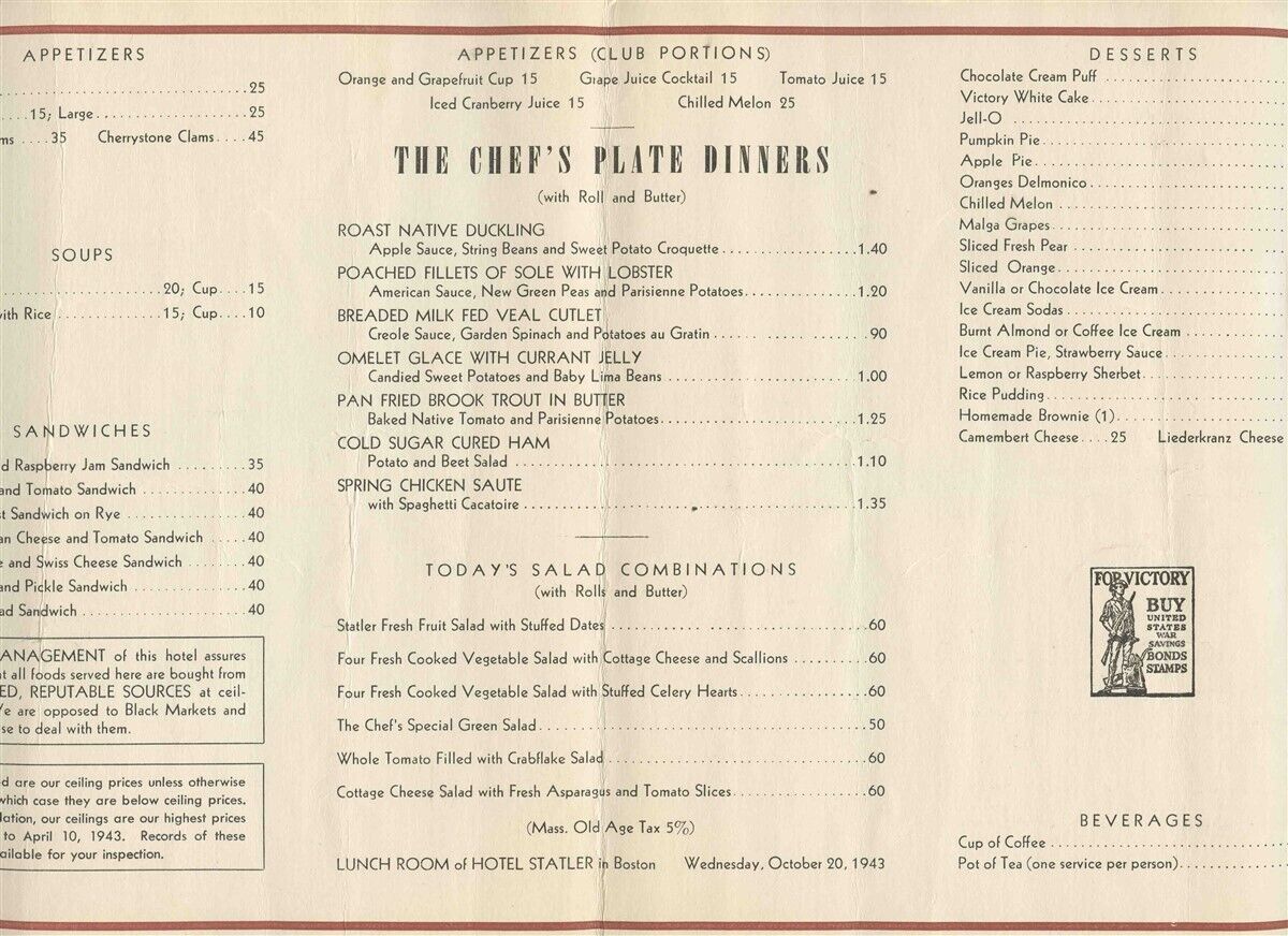 English Lunch Room Dinner Menu Hotel Statler Boston Massachusetts 1943 ...