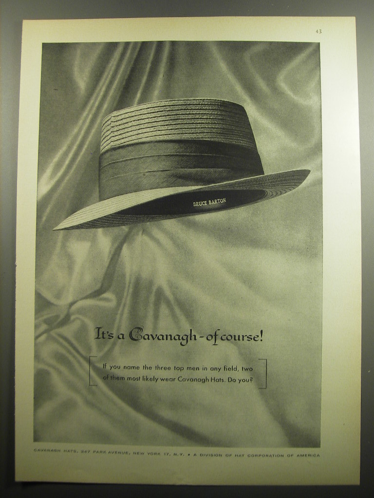 1957 Cavanagh Hats Advertisement - Bruce Barton - 1980-89