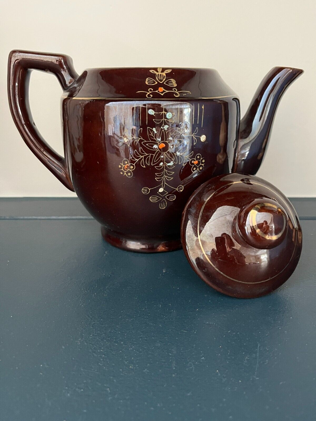 Vintage Brown Betty Redware Teapot Moriage Enamel Hand Painted Made In ...
