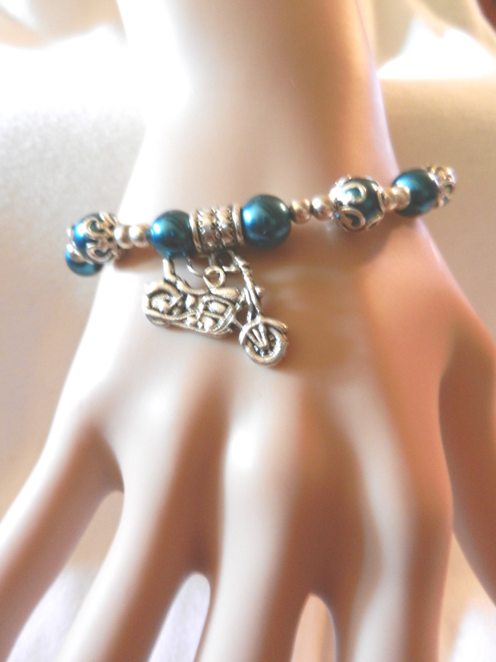 New Harley Inspired Stretch Faux Pearl Motorcycle Biker Beads Bracelet ...