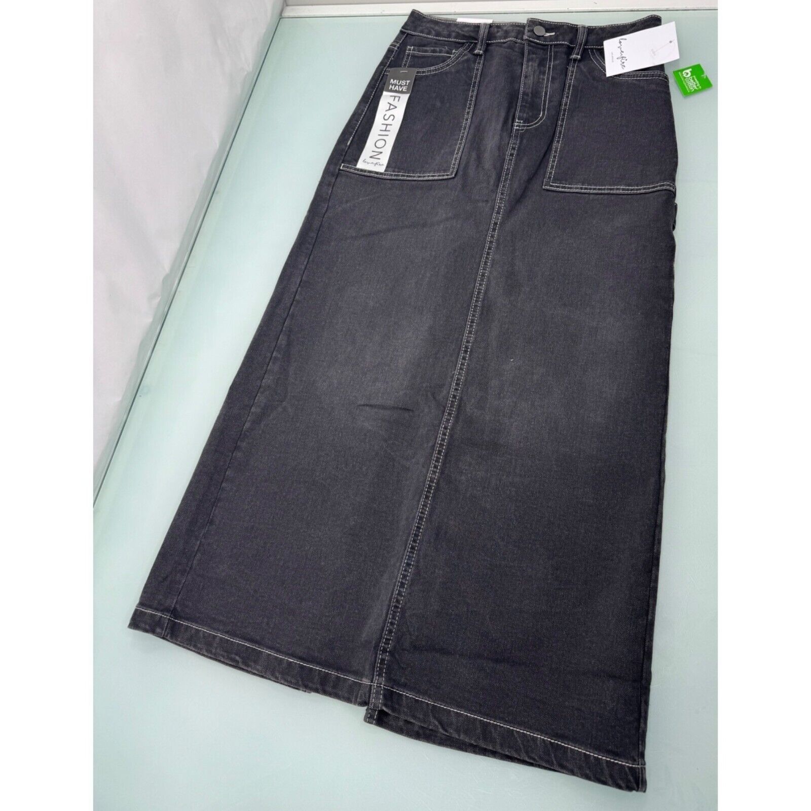 Love Fire Denim Maxi Skirt Black Cargo Back Slit Y2K Stretch 90's Sizes ...