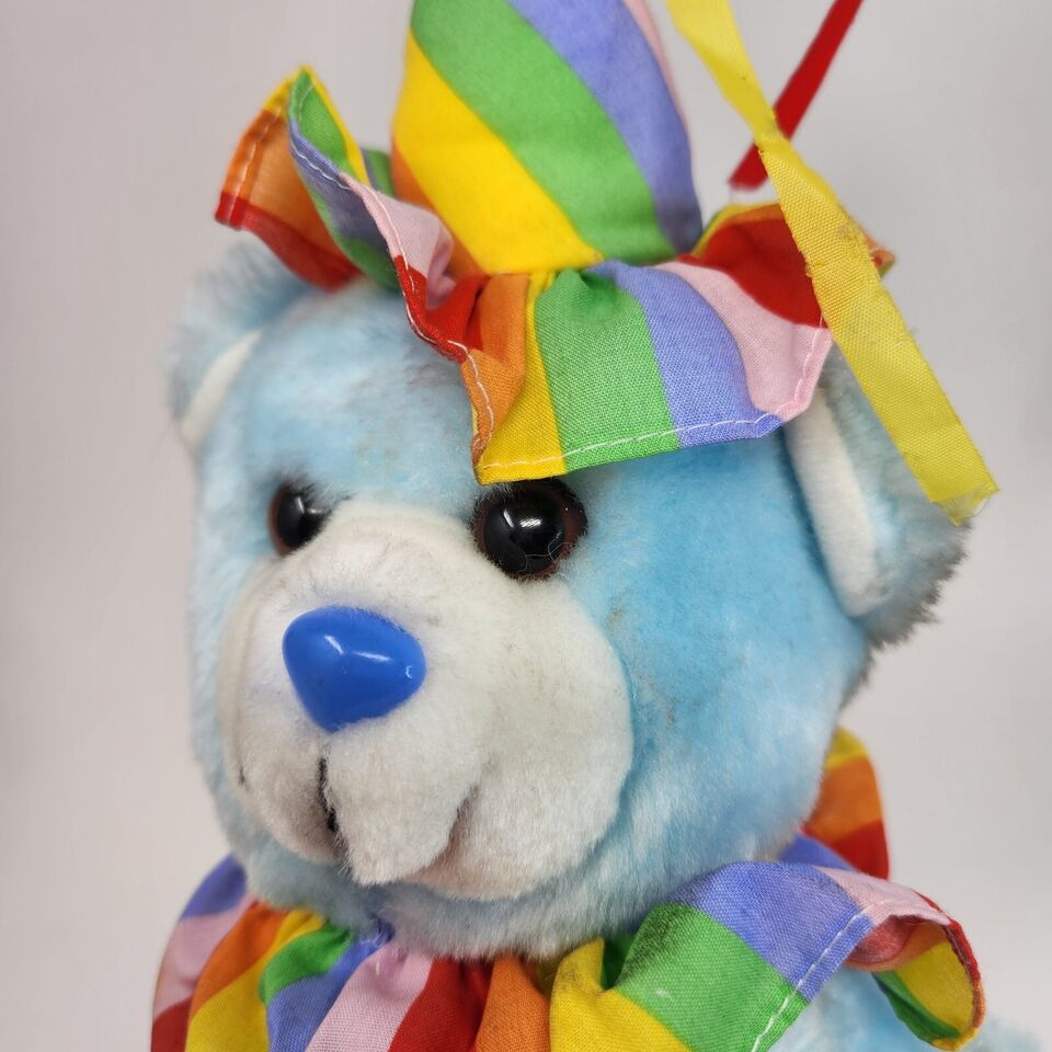 VINTAGE BLUE TEDDY BEAR RAINBOW HAT + COLLAR STUFFED ANIMAL PLUSH TOY ...