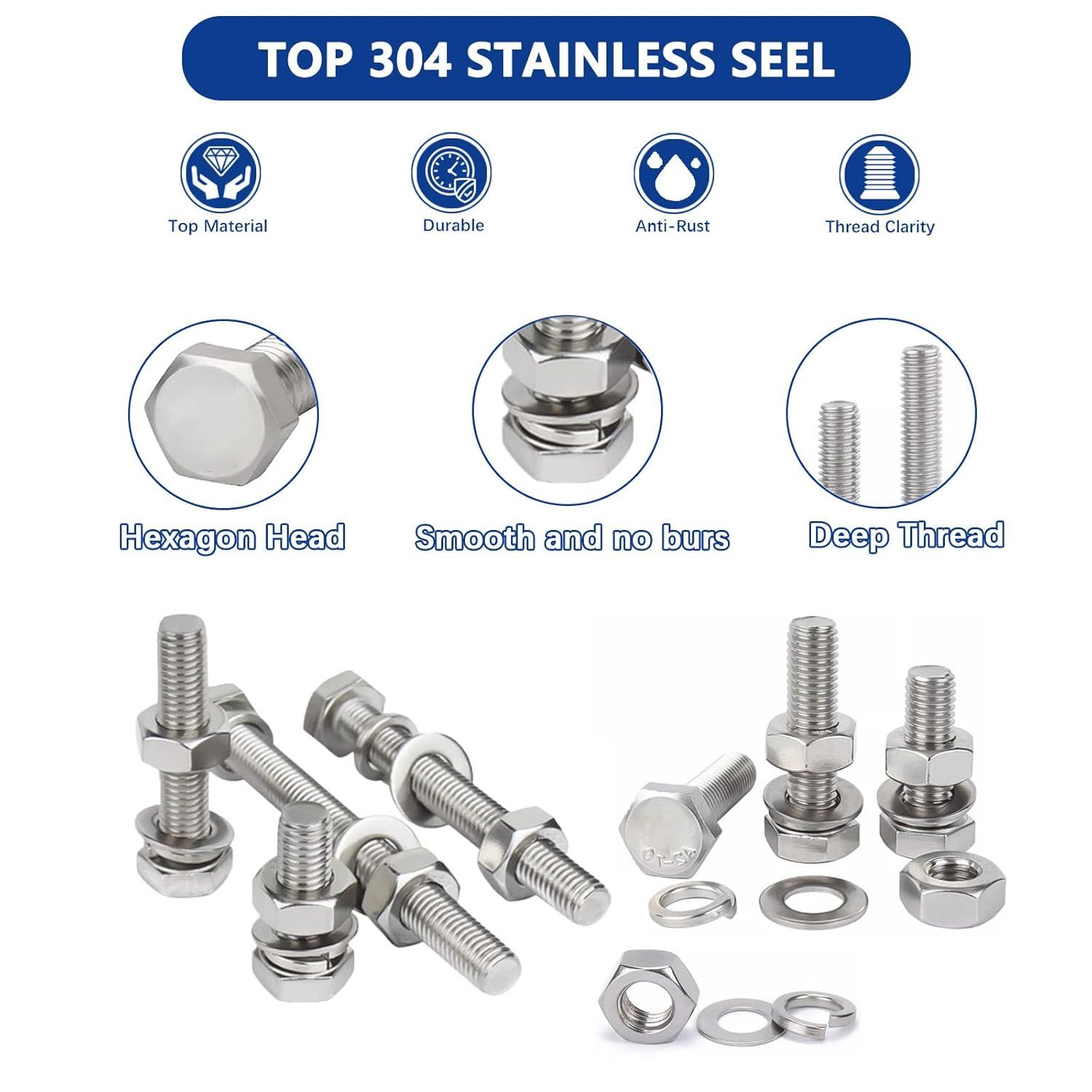 242Pcs Hex Head Nuts And Bolts Assortment Kit,304 Stainless Steel Heavy ...