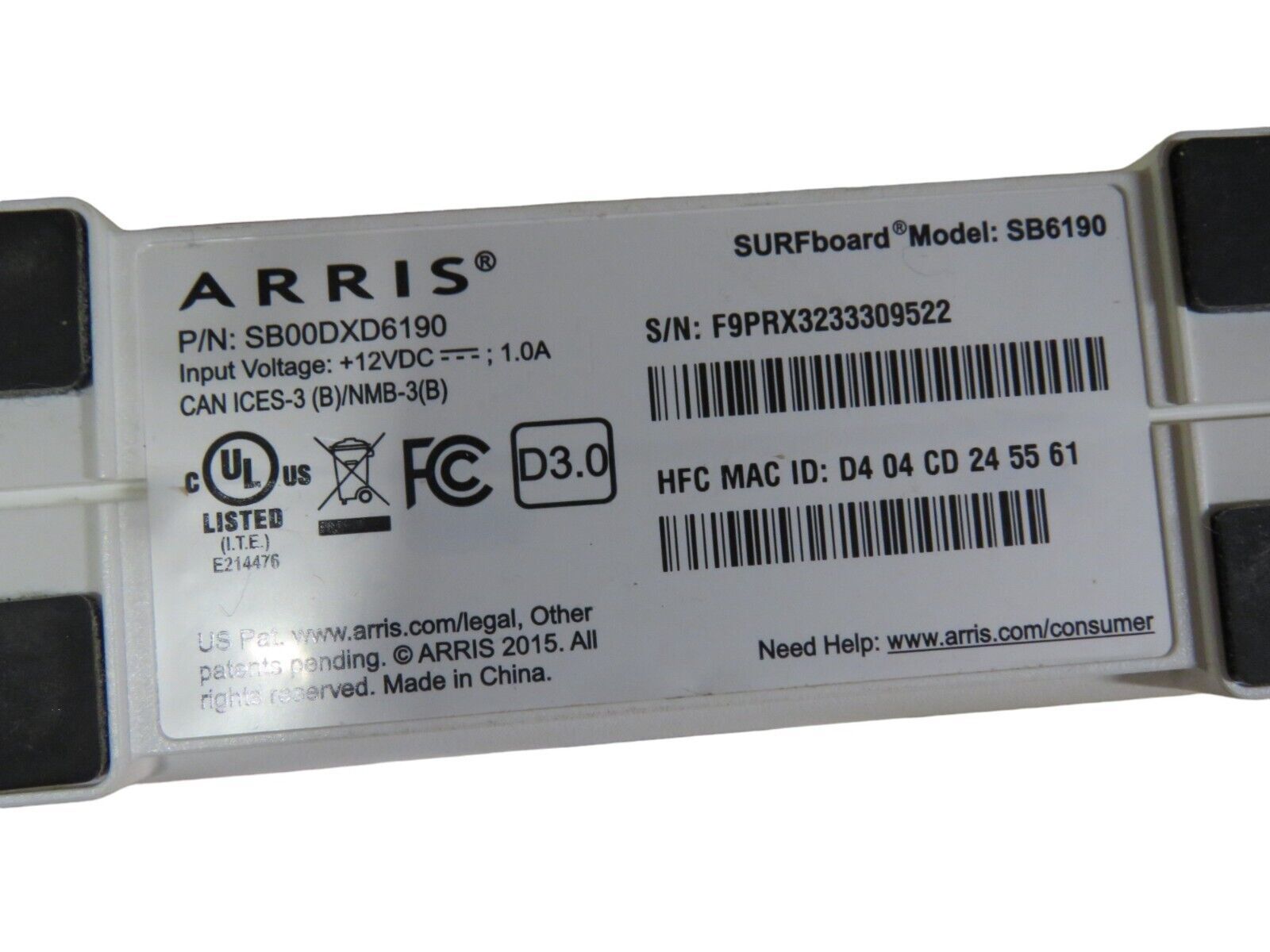 Arris SURFboard Cable Modem DOCSIS 3.0 Technology Gigabit+ Model SB6190 ...