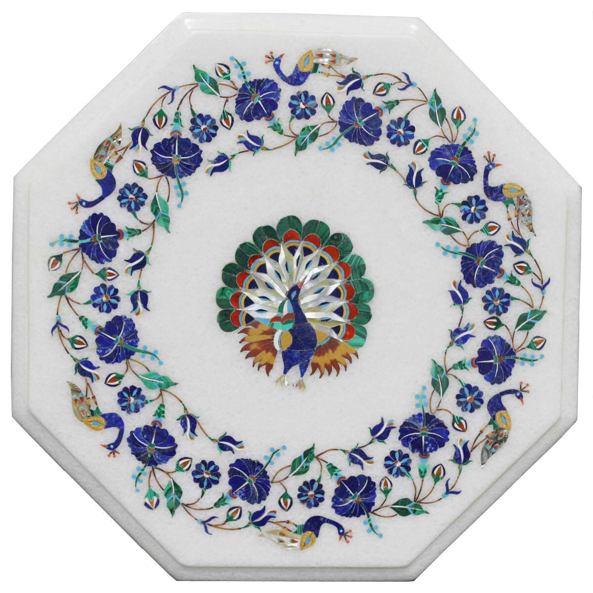 12" White Marble Coffee Table Top Rare Lapis Peacock Inlay Art Mosaic ...