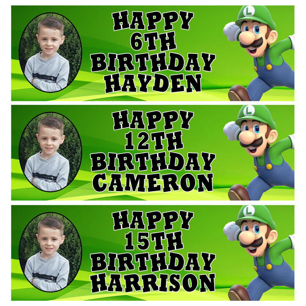 LUIGI PHOTO Personalised Birthday Banner - Mario Birthday Party Banner ...