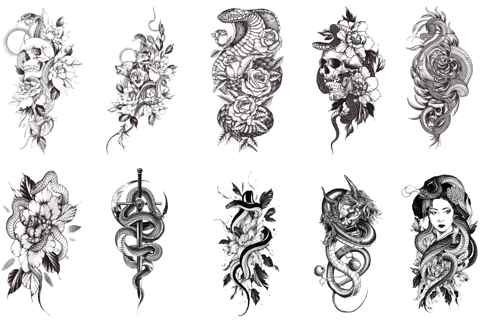 10 Sheet Black Snake Temporary Tattoos with Flower Zombie Sword Body ...