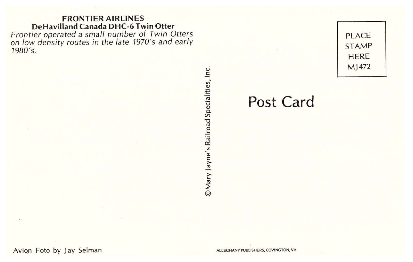 Frontier Airlines De Havilland Canada DHC 6 Twin Otter Airplane ...