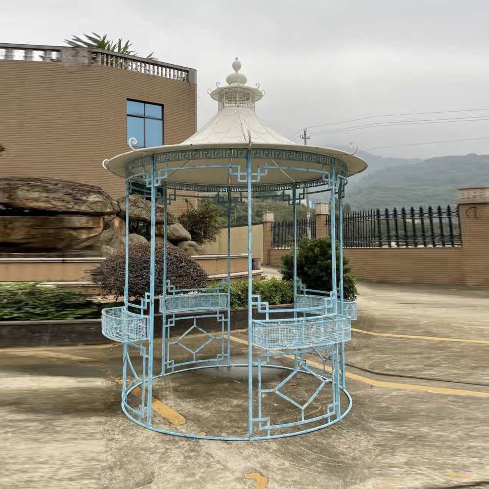 11.6ft. Tall Opulent Round Metal Gazebo with Side Walls & Planters in ...