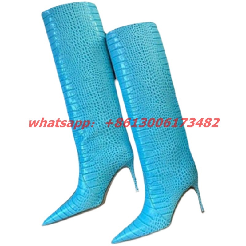 woman Pointed toe high heel print leather knee high boots women print ...