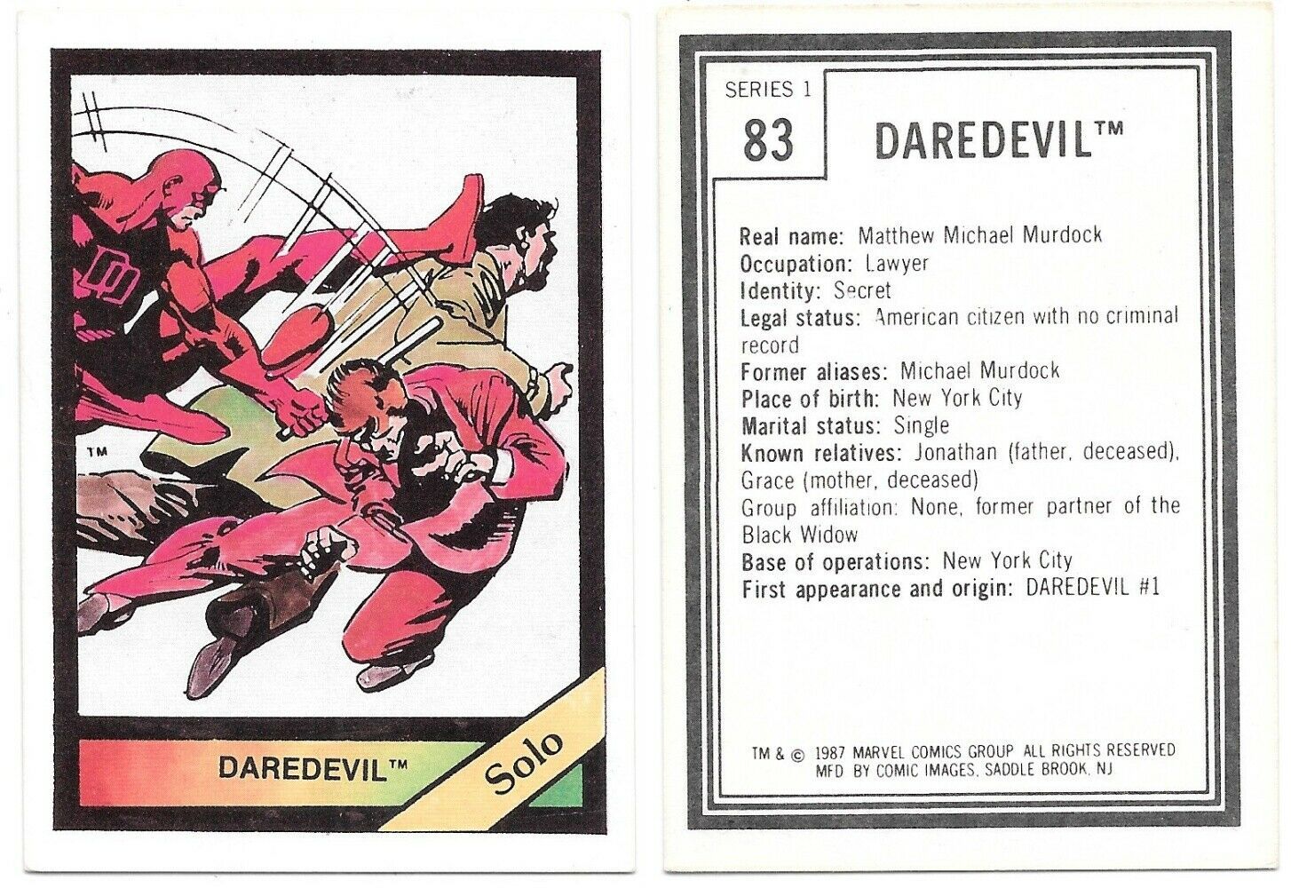 Marvel Universe Series 1 Trading Card #83 Daredevil 1987 Comic Images ...