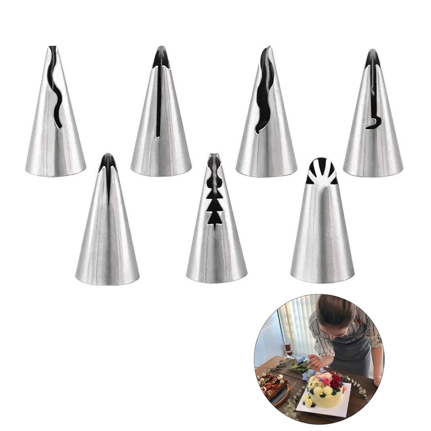 7 Pcs Piping Tips Set Nozzle Reusable 304 Stainless Steel Ruffle Icing ...