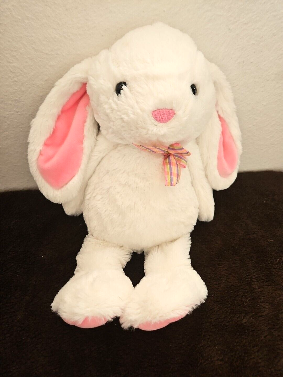 Goffa Bunny Rabbit Plush Stuffed Animal White Pink Ears Feet Plaid Bow ...
