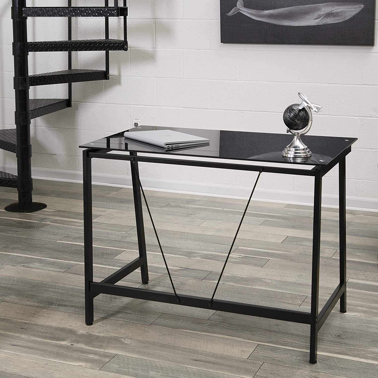 Onespace Contemporary Glass Writing Desk, Steel Frame, Black - Desks ...