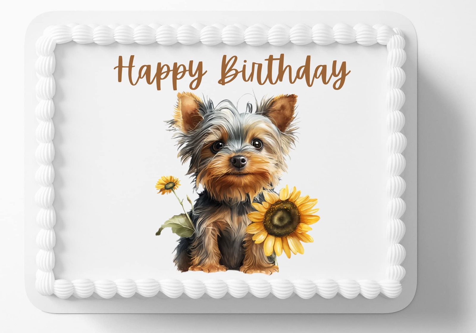 Cute Yorkie Puppy With Sunflowers Edible Image Edible Birthday Cake ...