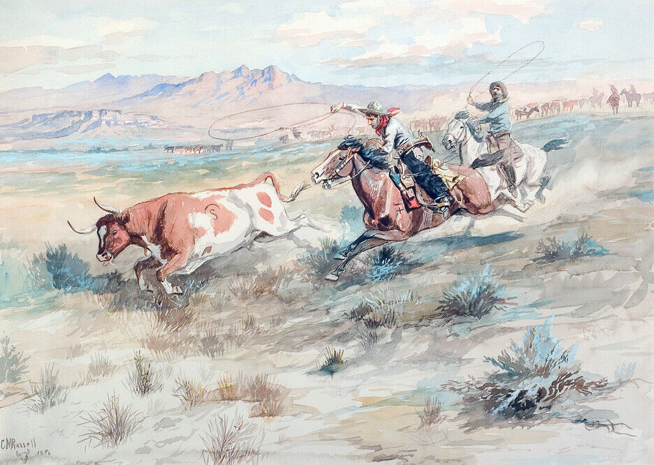 Framed canvas art print Giclée The Bolter, #1 cowboys roping a cow ...
