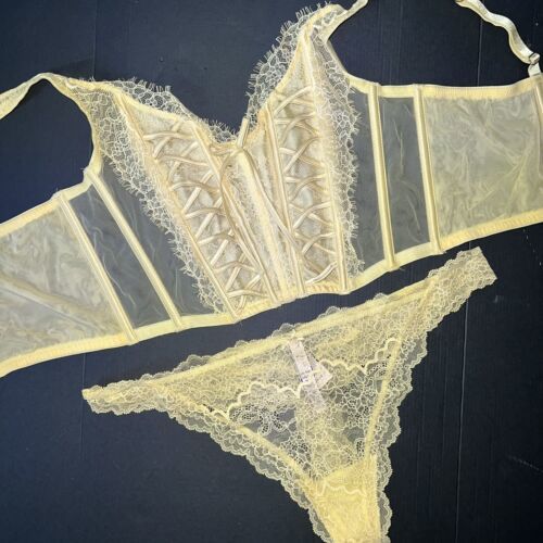 Victoria's Secret 38D XL CORSET TOP BRA SET XL thong Yellow lace DREAM ...