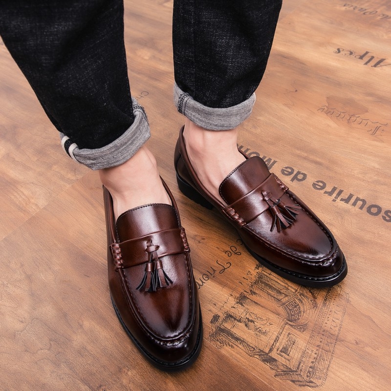 Handmade Brown Patina Leather Tassels Loafers Shoes Leather Dress Shoes ...
