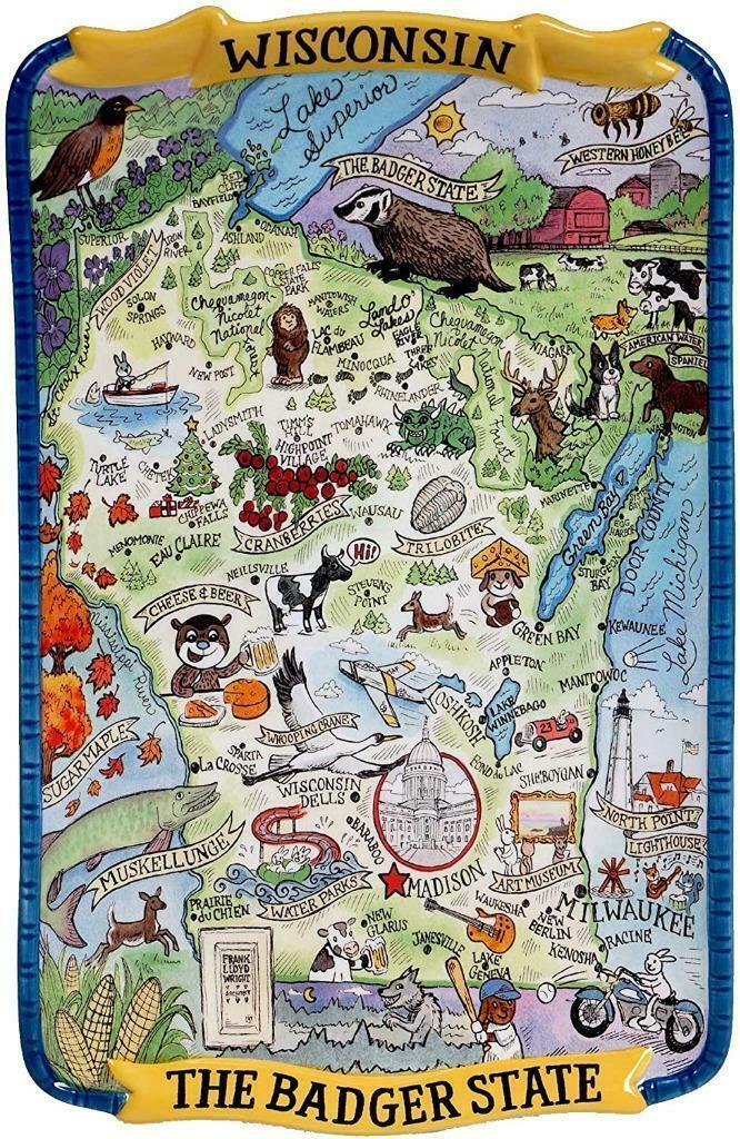 Wisconsin Rectangular Souvenir Badger State Map Platter Ceramic ...