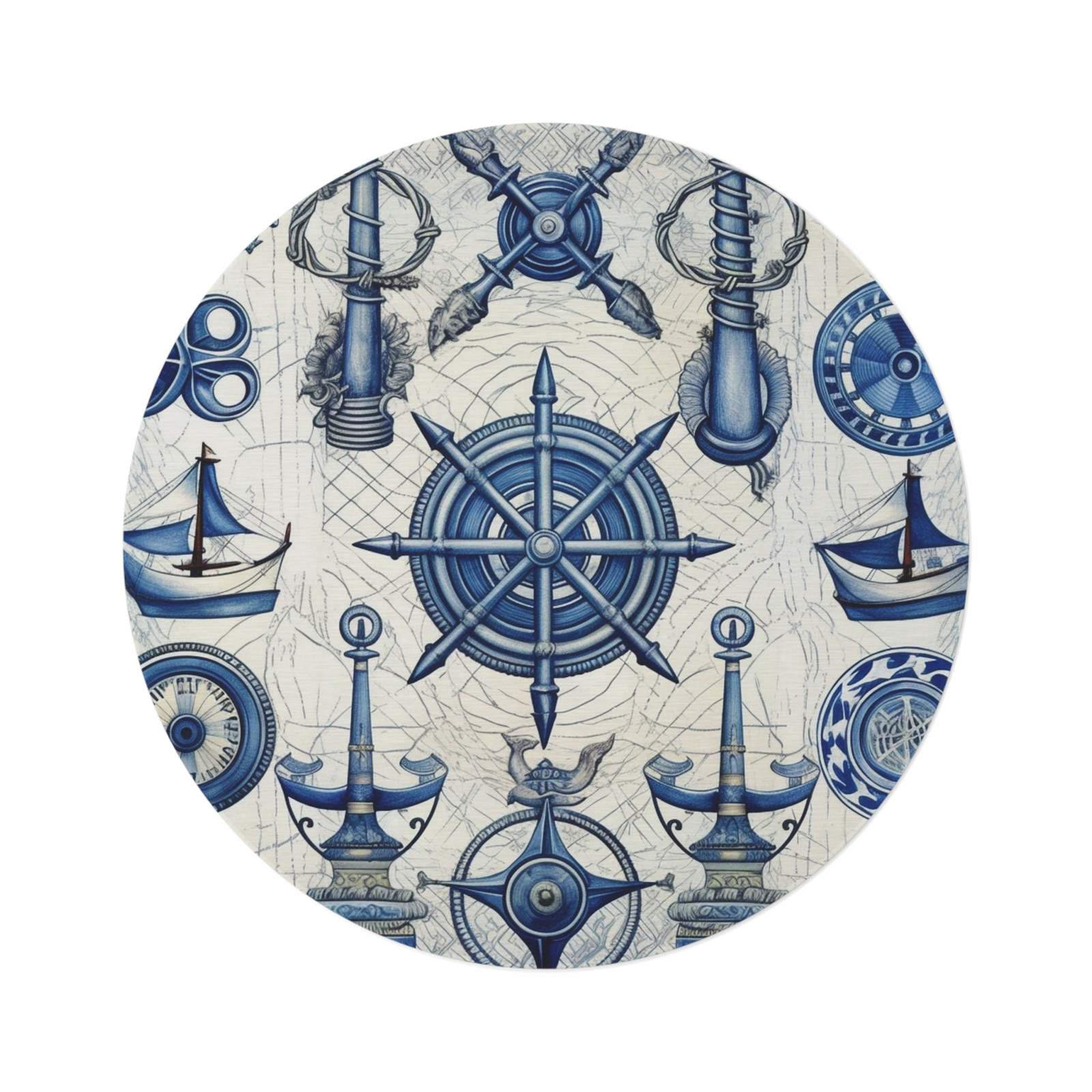 Nautical Theme Art - Anchors, Ropes, Compass Round Rug - Area Rugs
