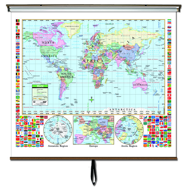 World Primary Classroom Wall Map on Roller w/ Backboard - Maps & Atlases