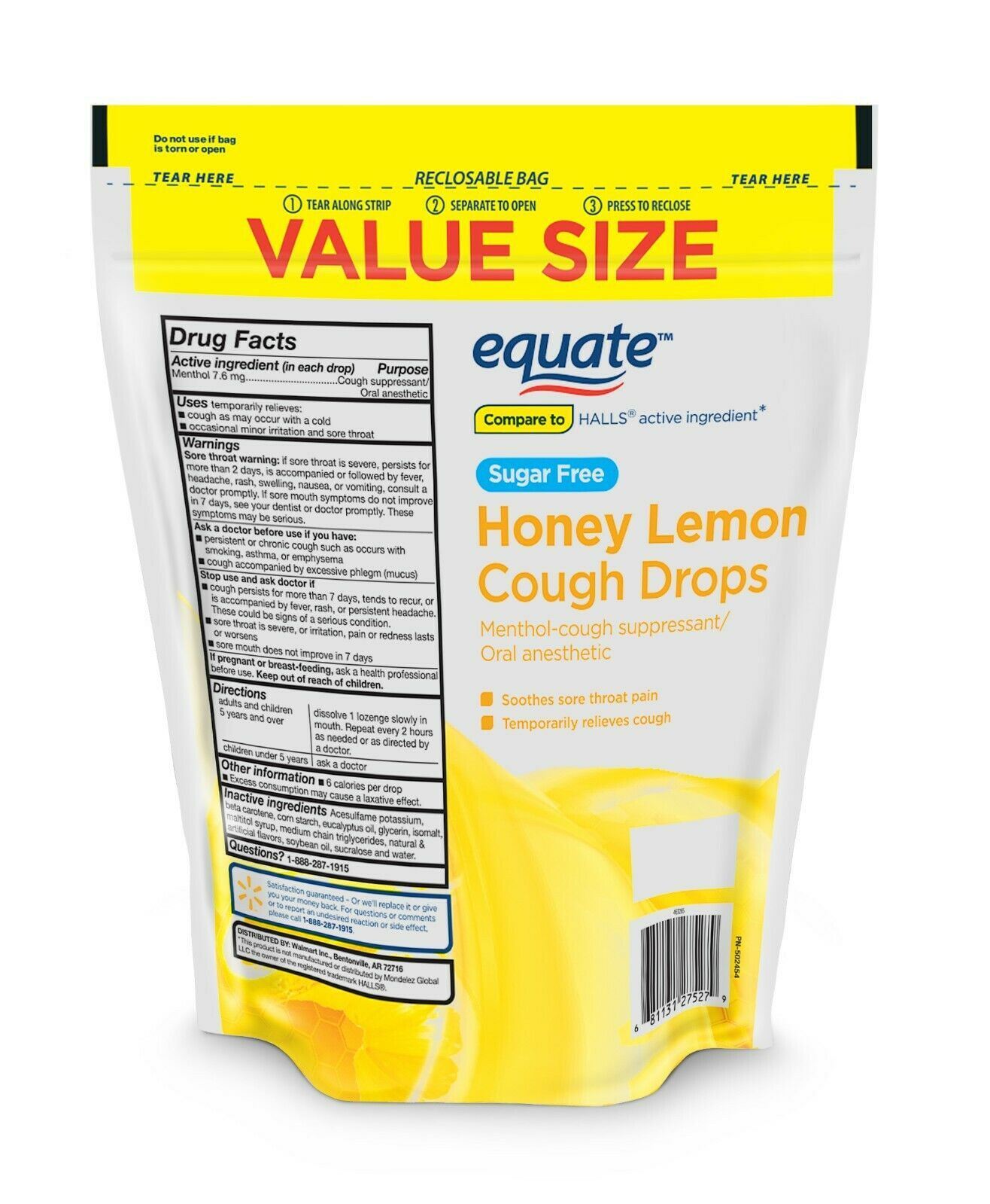 Equate Value Size Sugar-Free Honey Lemon Cough Drops, 140 Count Cough Menthol..+ - Cough, Cold & Flu