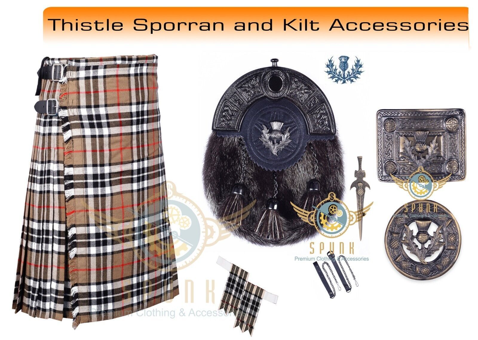 Scottish Camel Thompson Tartan 8 yard Kilt Men's Traditional 8 yard kilt Set - Scotland