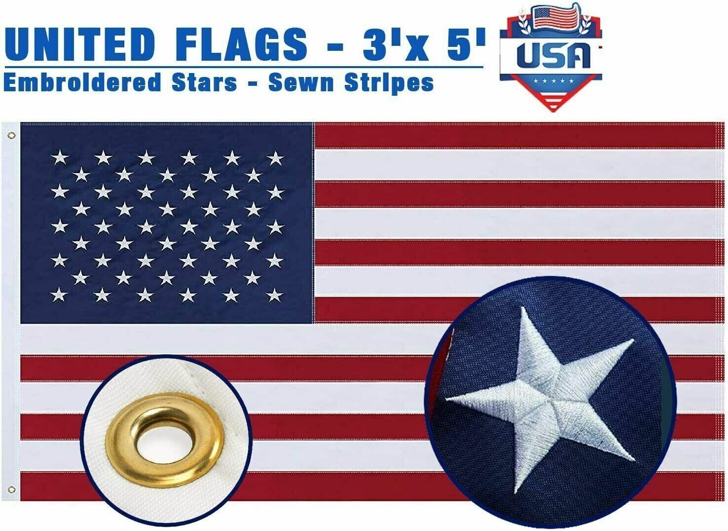 American Flag 3x5ft Embroidered Stars Outdoor Heavy Duty Nylon 100% USA ...