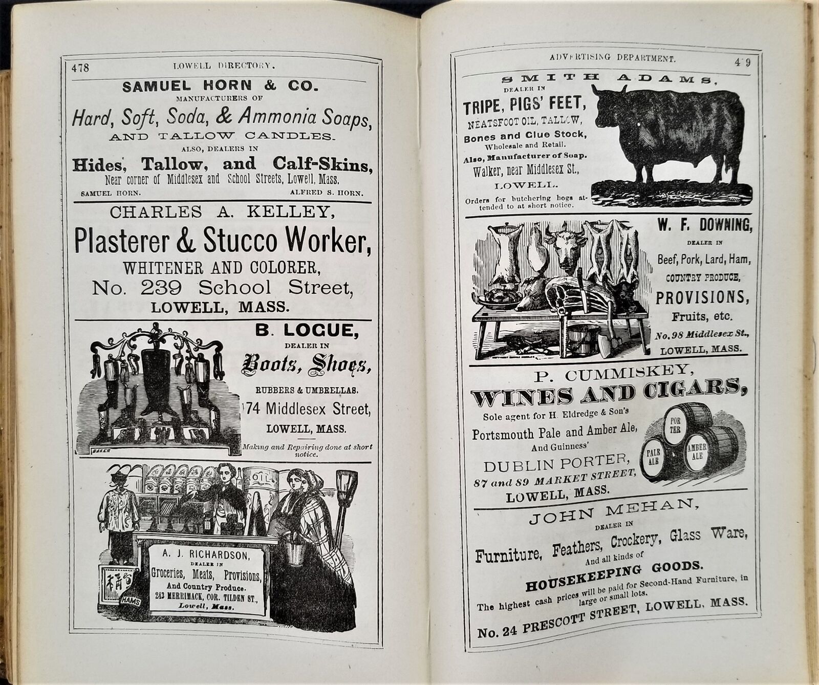 1874 antique LOWELL MA DIRECTORY hc genealogy names employment fire ...