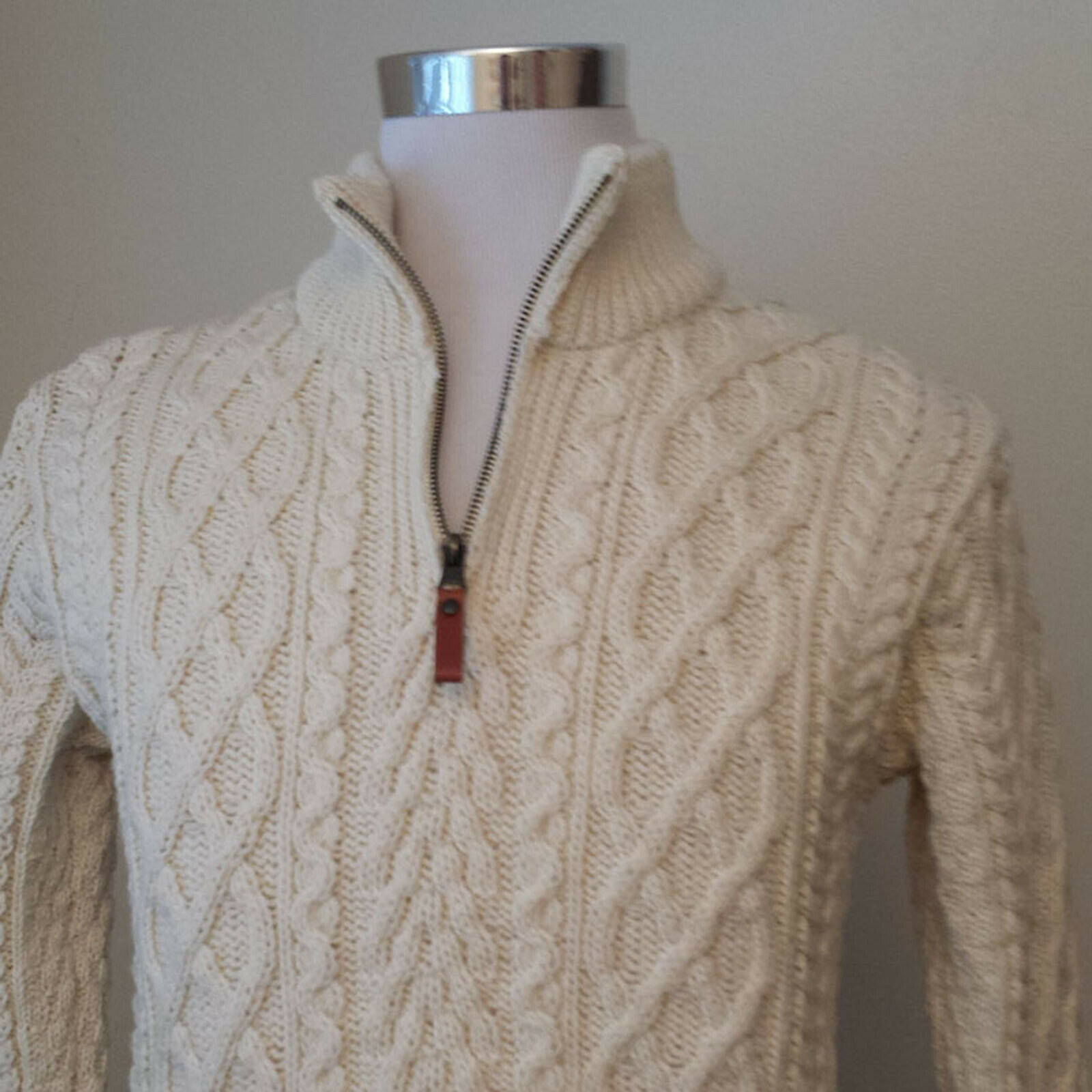 Inis Crafts Men Size S Wool Beige Sweater Fisherman Style Ireland Made ...