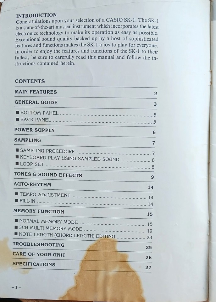 Casio SK-1 Mini Sampler Keyboard Original Owner's Manual Booklet ...