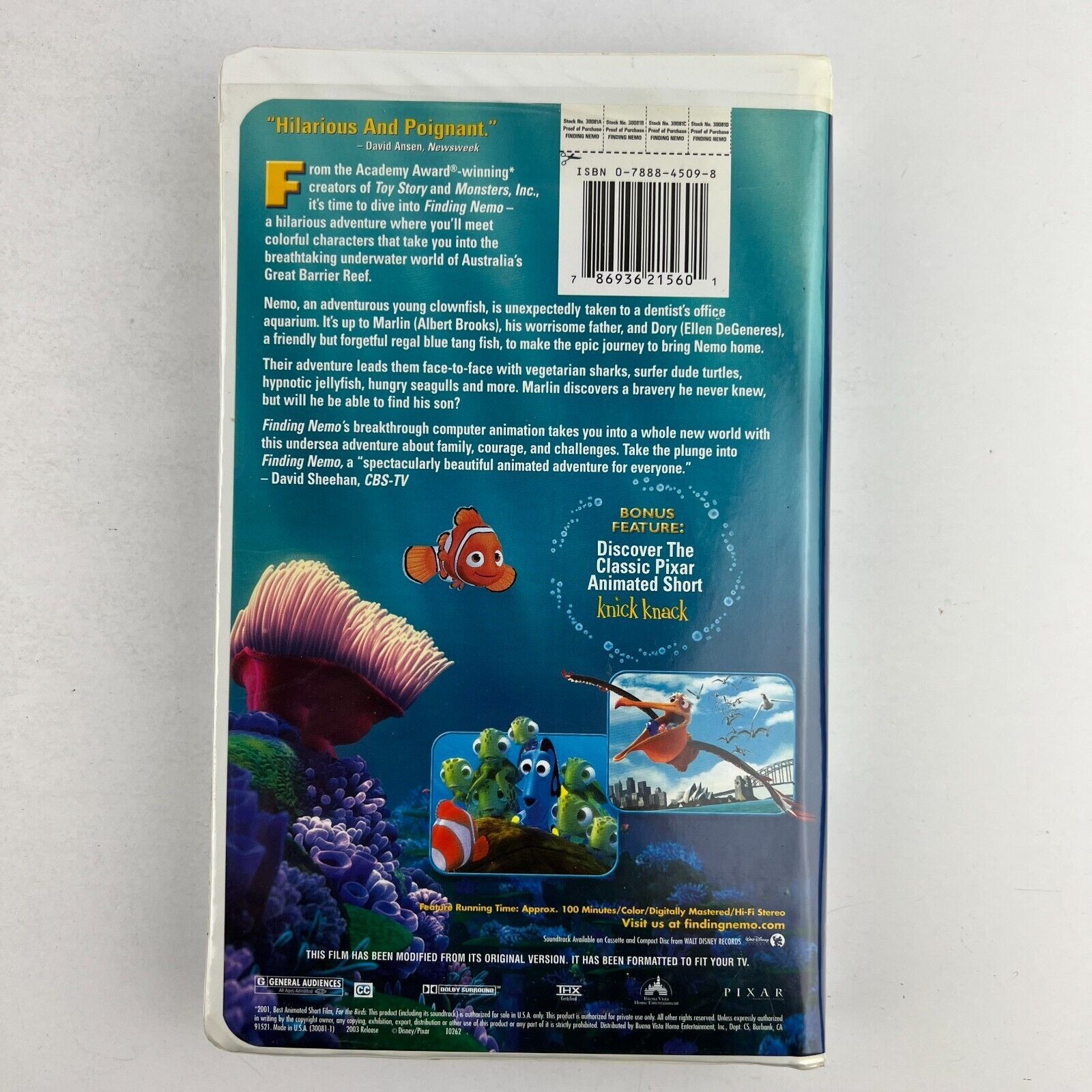 Walt Disney PIXAR Finding NEMO Animation Movie VHS Video Clamshell Case ...
