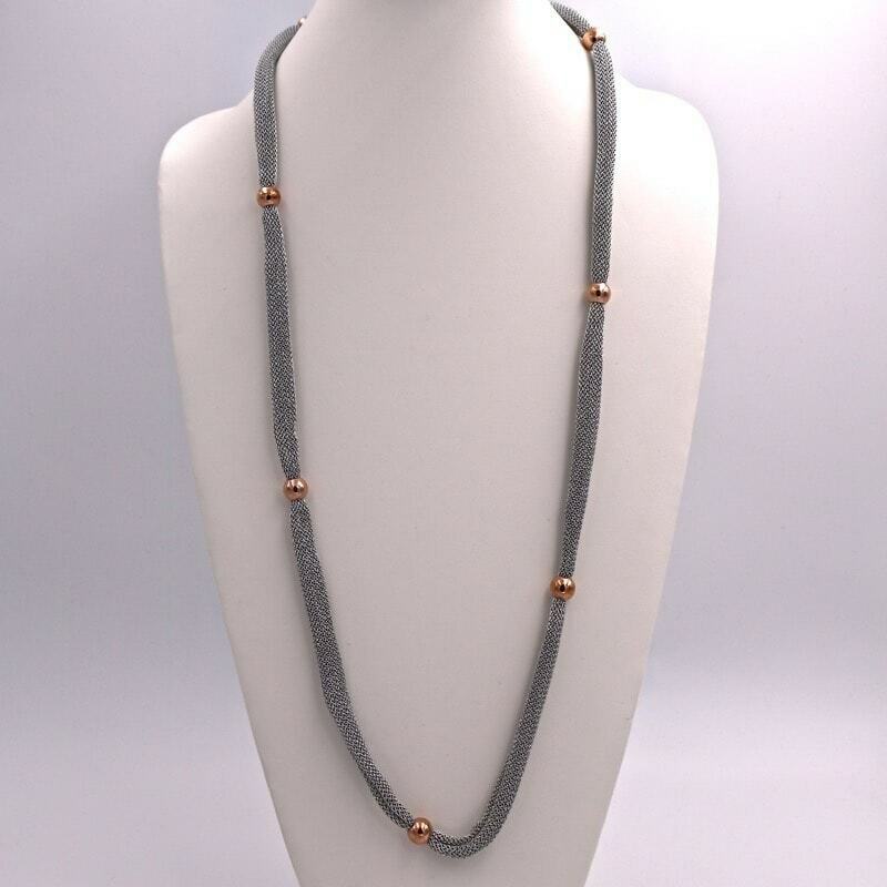 Adami and Martucci Silver Mesh Long Necklace with Rose Gold Balls ...