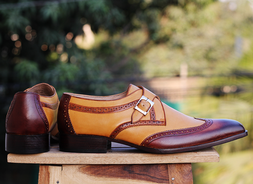Handmade men's Tan Brown Wingtip Monk Leather Shoes, Men's Monk Dress ...